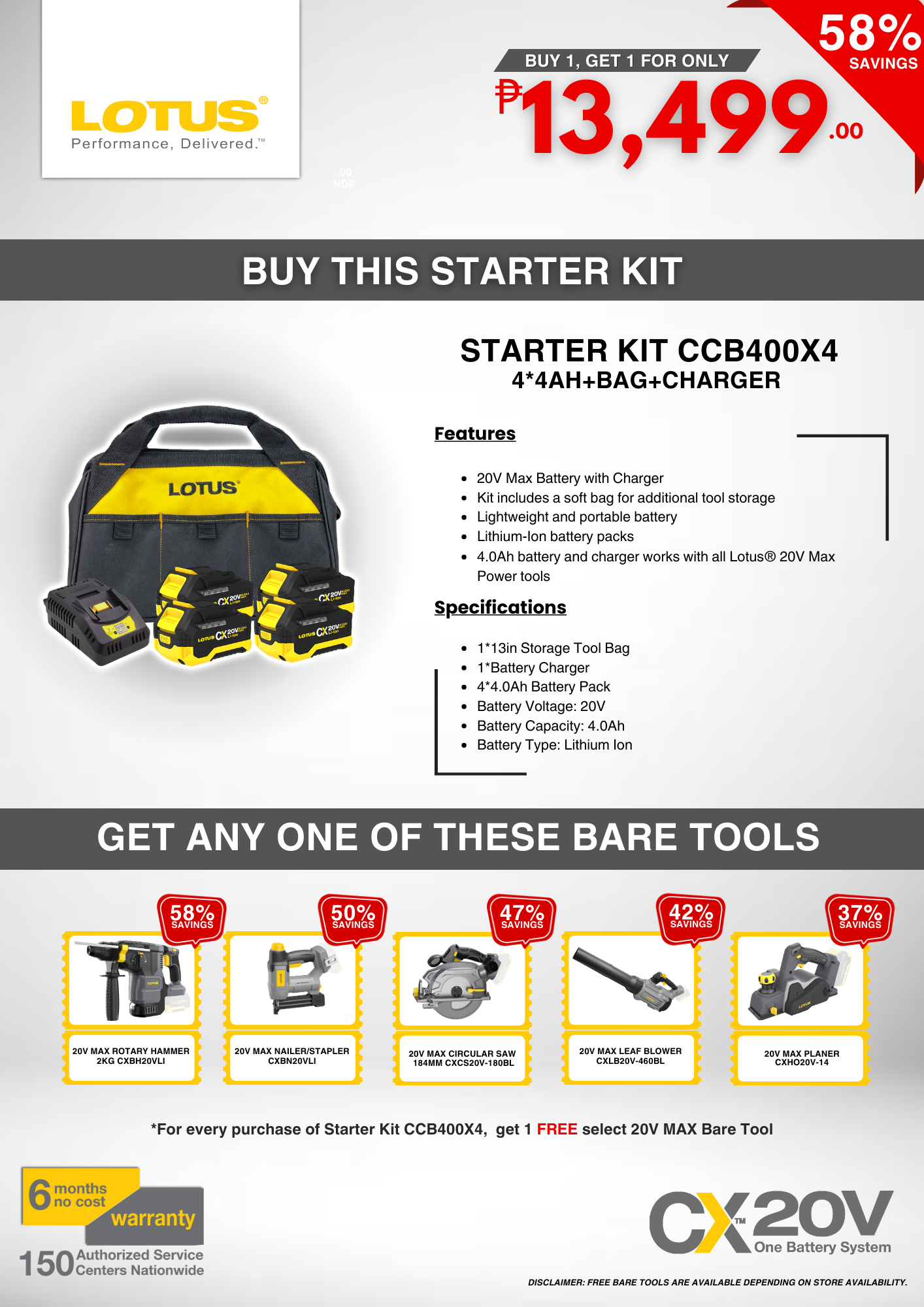 Lotus Starter Kit (4x 4Ah Batteries + Bag + Charger CCB400X4) with Fre